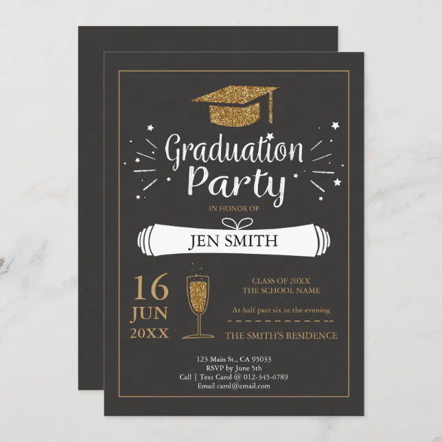 Faux Gold Glitter Cap Graduation Party Invitation | Zazzle