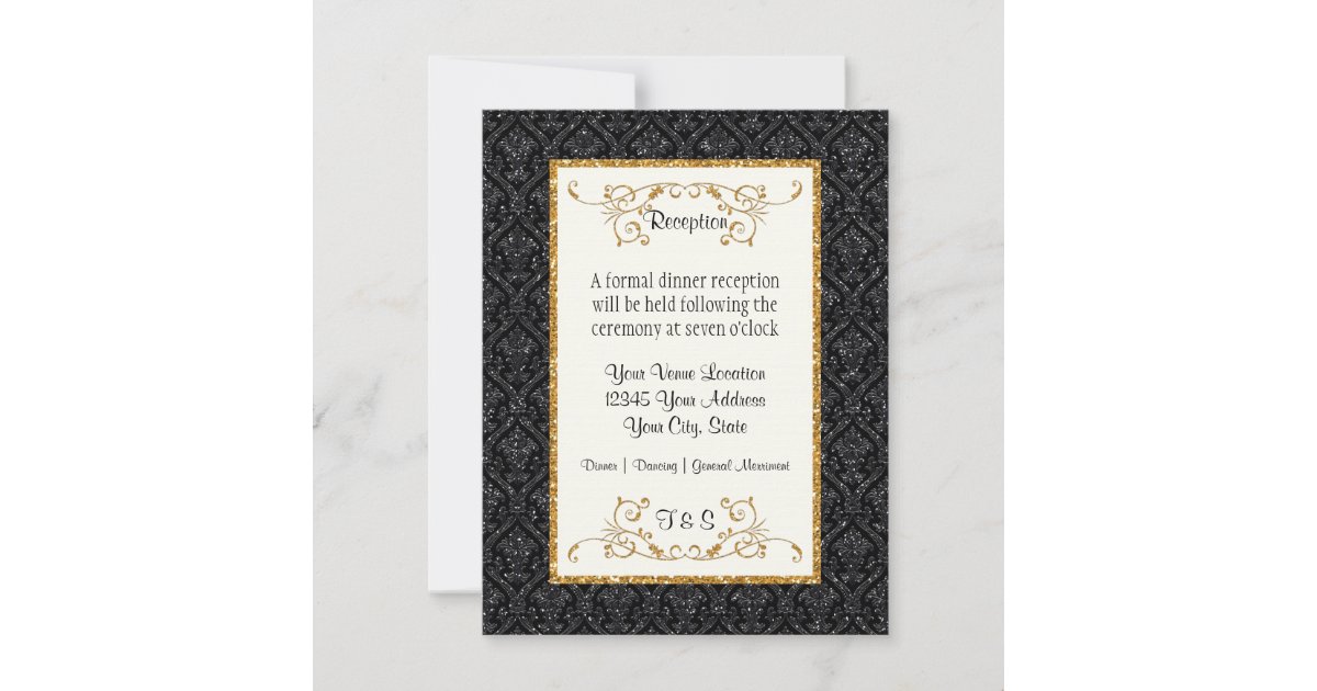 Faux Gold Glitter Damask Ticket Style Reception Invitation | Zazzle