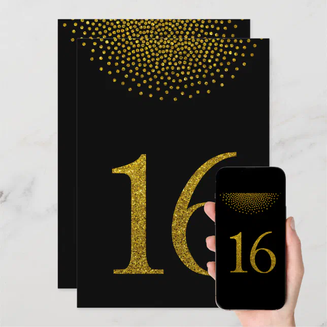 Faux Gold Glitter on Black Table Number Card | Zazzle