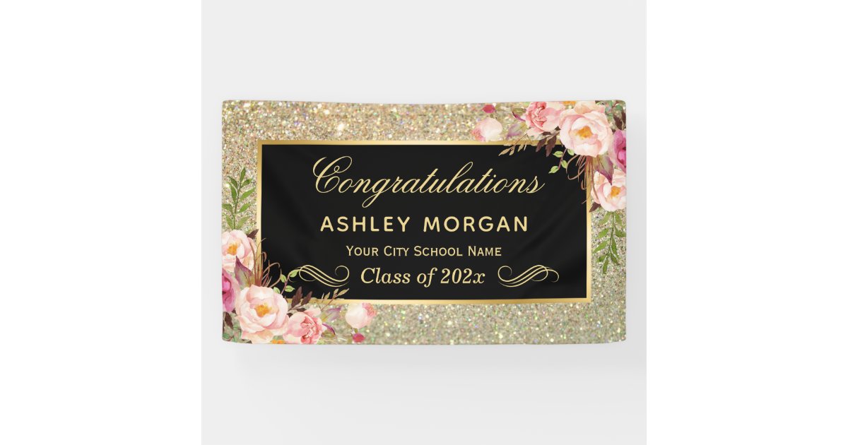 Faux Gold Glitter Pink Floral Graduation Party Banner | Zazzle