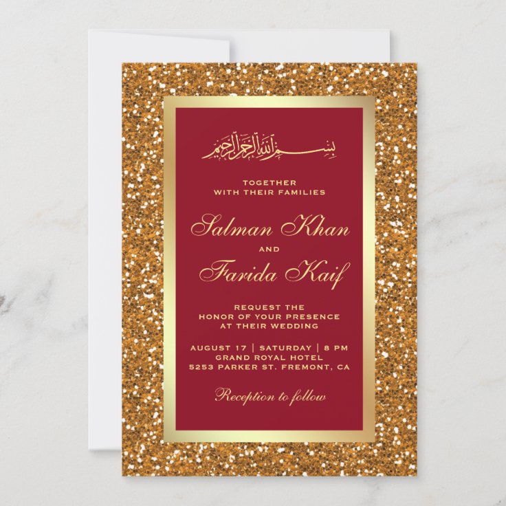 Faux Gold Glitter Red Islamic Muslim Wedding Invitation | Zazzle