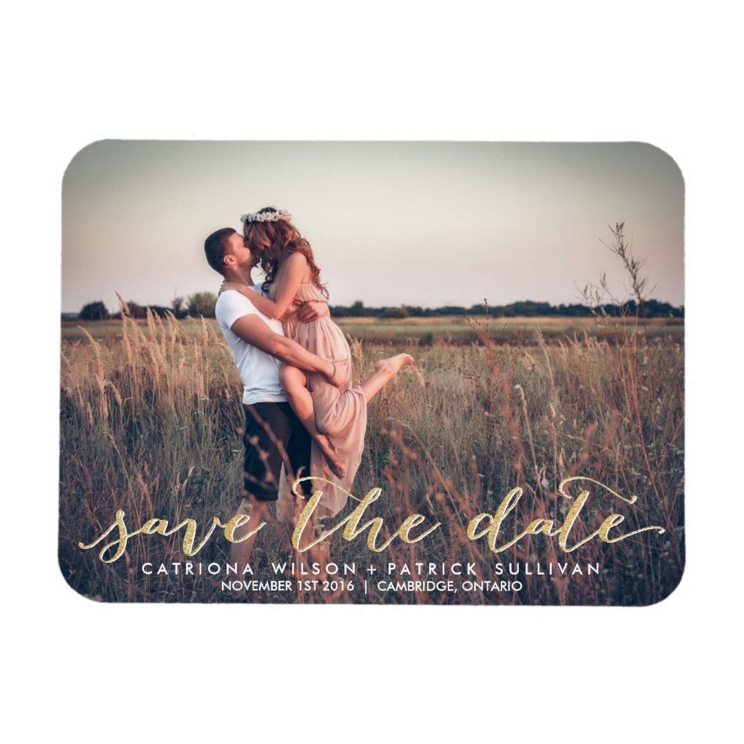 Faux Gold Glitter Script Save the Date Magnets | Zazzle