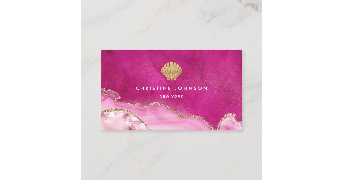 faux gold glitter seashell on pink business card | Zazzle