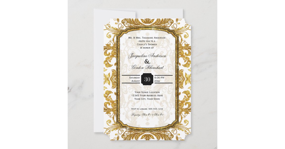 Faux Gold Glitter Ticket Vintage Couples Shower Invitation | Zazzle