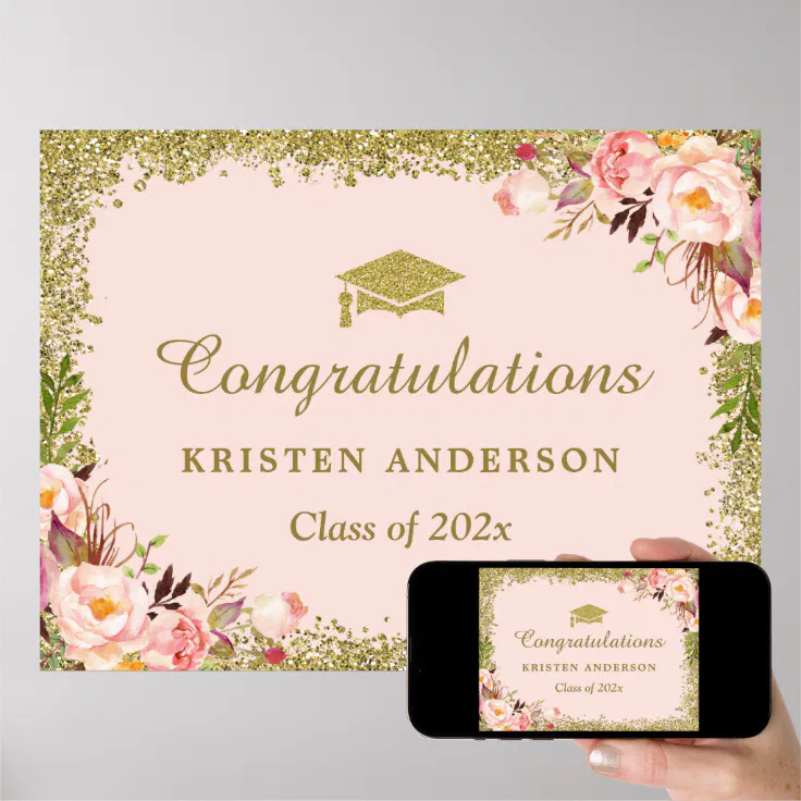 Faux Gold Glitters Blush Pink Floral Graduation Poster | Zazzle