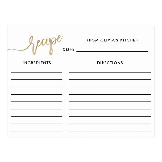 Faux Gold Handwritten Script | Recipe Card | Zazzle.com