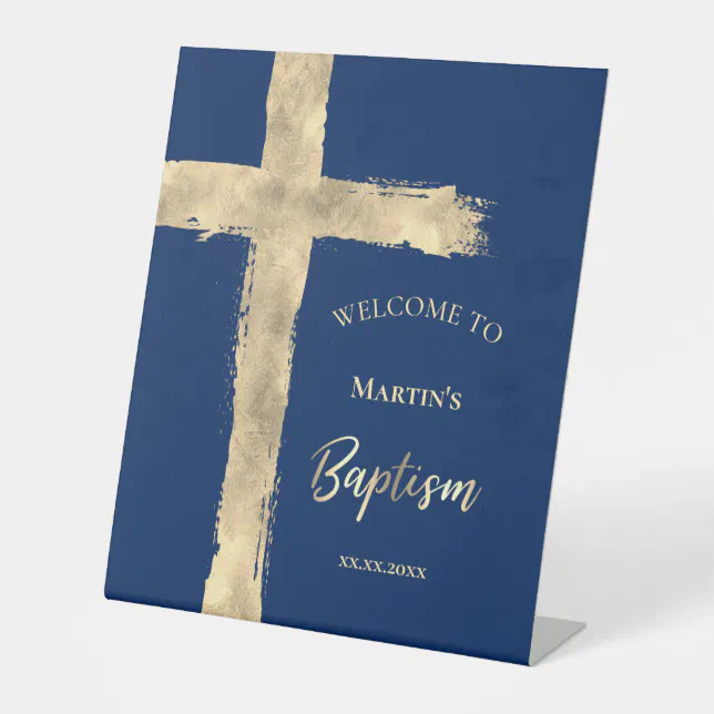 faux gold Holy Cross Catholic Baptism welcome sign | Zazzle