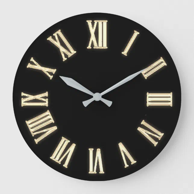 Faux Gold Metallic Minimal Roman Numbers Black Large Clock | Zazzle