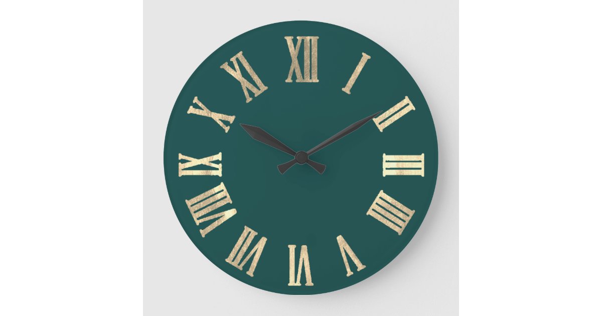 Faux Gold Metallic Minimal Roman Numbers Teal Large Clock | Zazzle