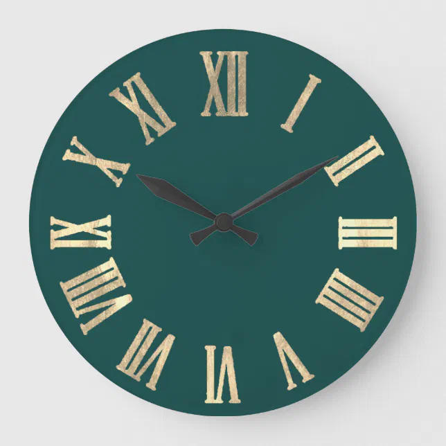 Faux Gold Metallic Minimal Roman Numbers Teal Large Clock | Zazzle