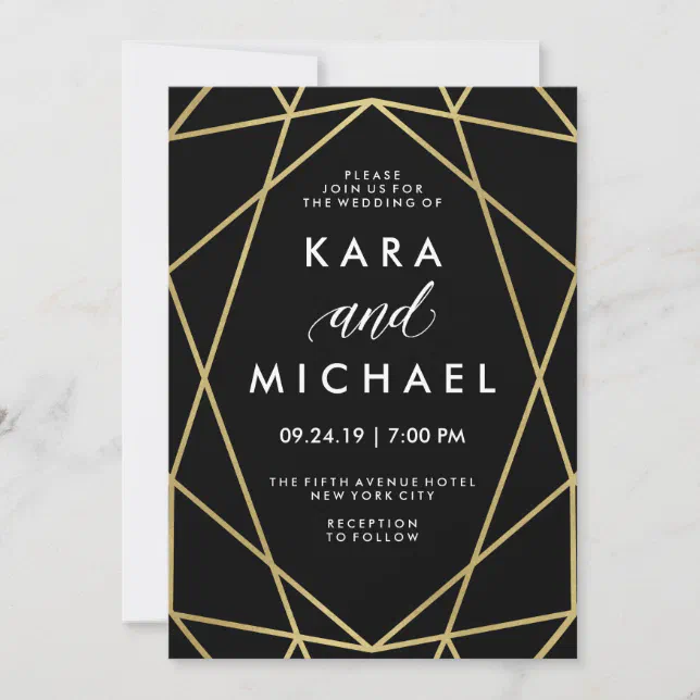 Faux Gold on Black Modern Geometric Wedding Invitation | Zazzle
