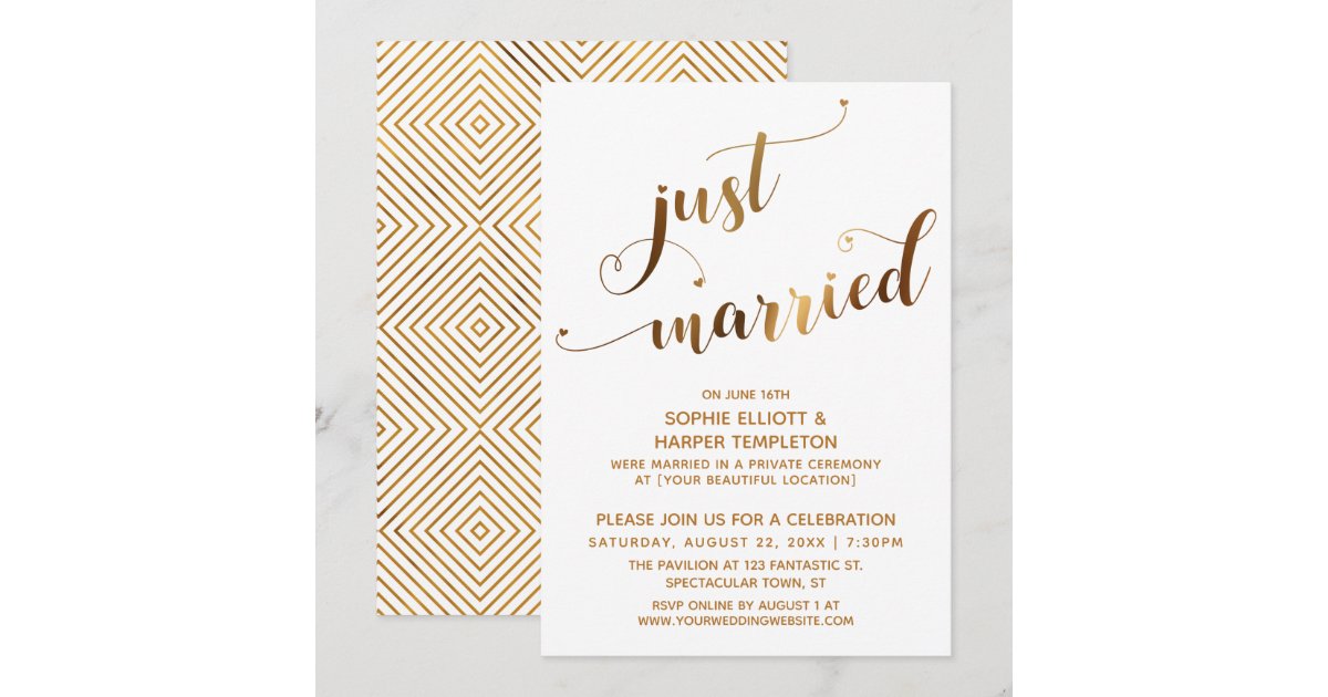 Faux Gold on White Just Married Post-Wedding Event Invitation | Zazzle