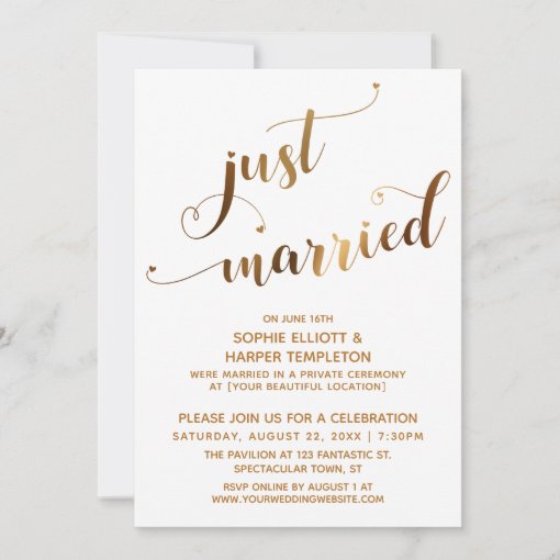 Faux Gold on White Just Married Post-Wedding Event Invitation | Zazzle