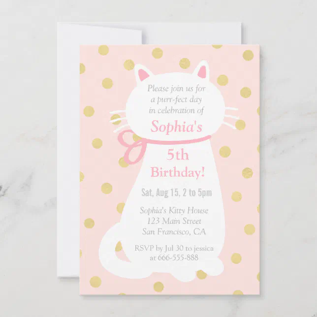 Faux Gold Polka Dots White Cat Birthday Party Invitation | Zazzle