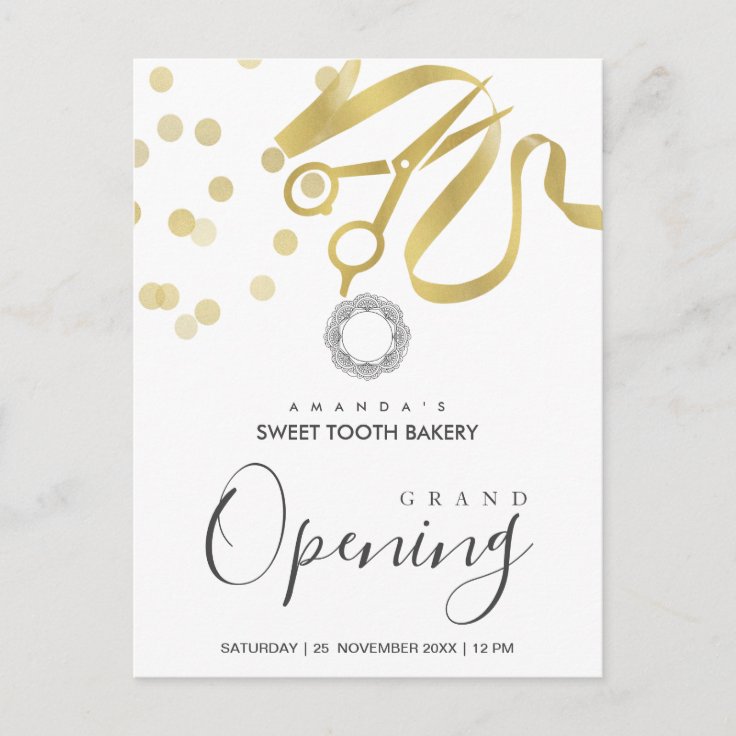 FAUX GOLD RIBBON CUTTING GRAND OPENING INVITATION POSTCARD | Zazzle