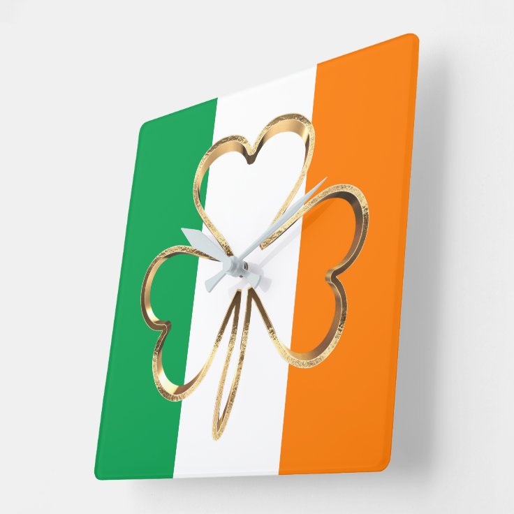 Faux Gold Shamrock Clover Irish Flag Square Wall Clock | Zazzle