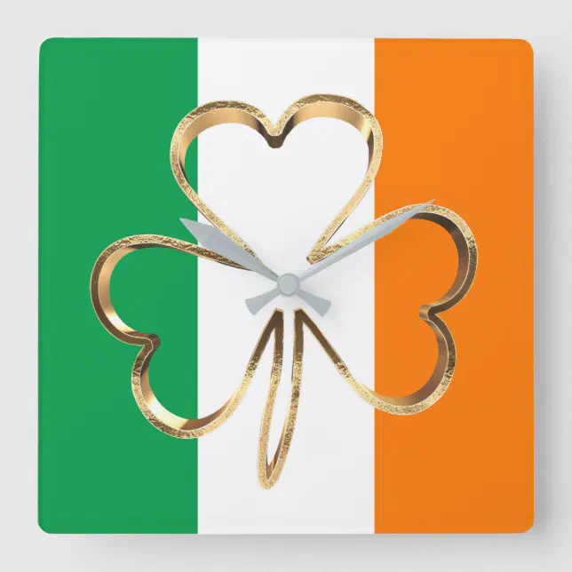 Faux Gold Shamrock Clover Irish Flag Square Wall Clock | Zazzle