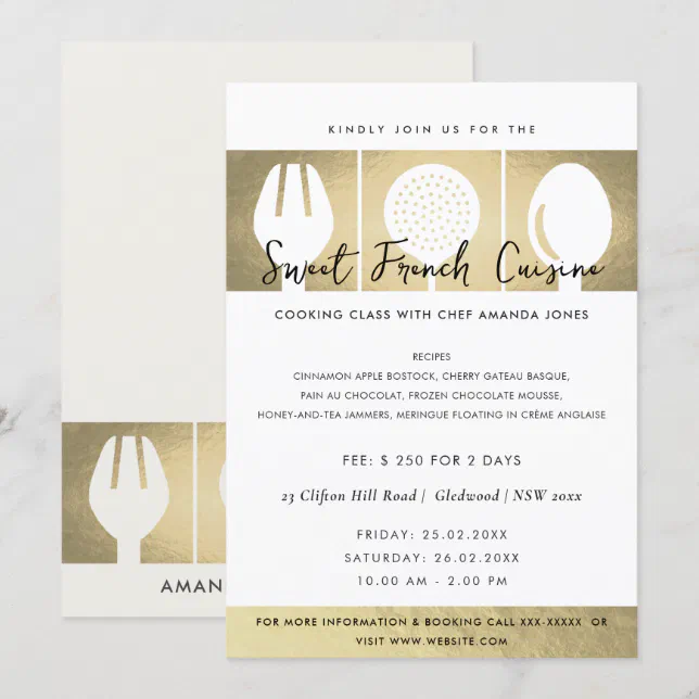 FAUX GOLD SPOON FORK COOKERY CLASS INVITE TEMPLATE | Zazzle