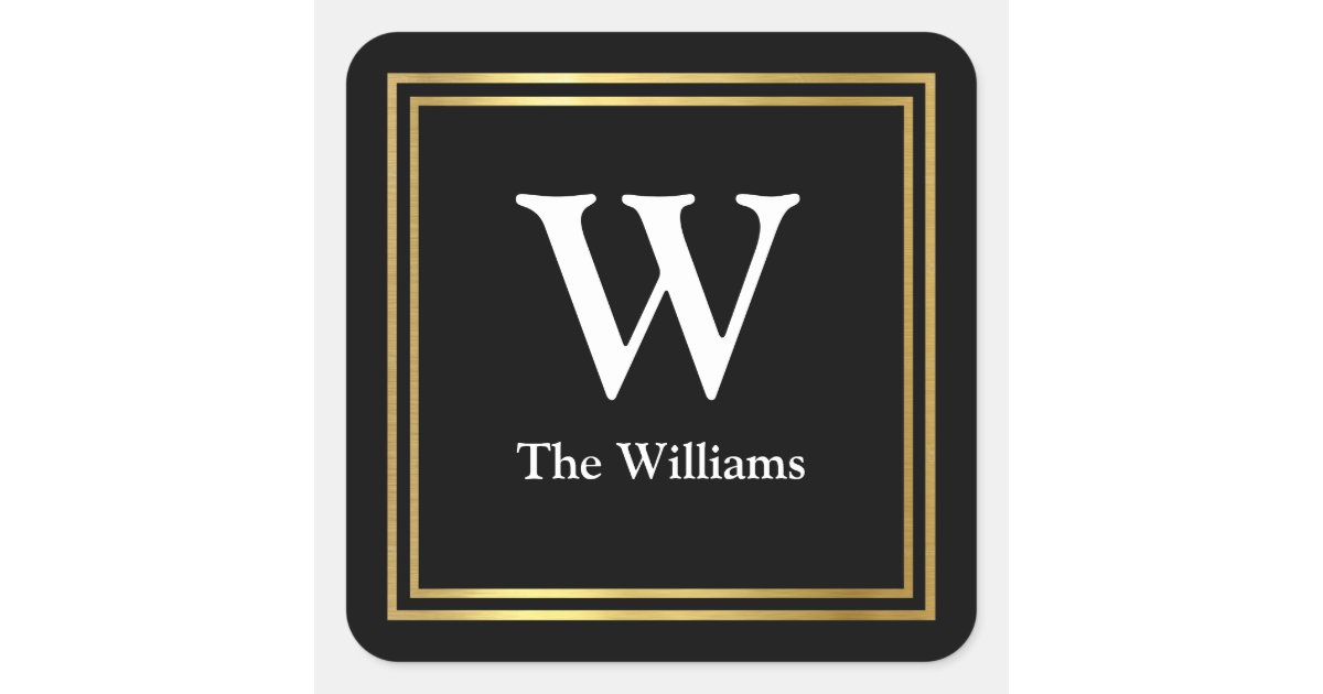 Faux gold square with family initial & name square sticker | Zazzle