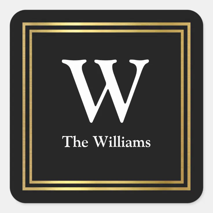 faux gold square with family initial & name square sticker | Zazzle