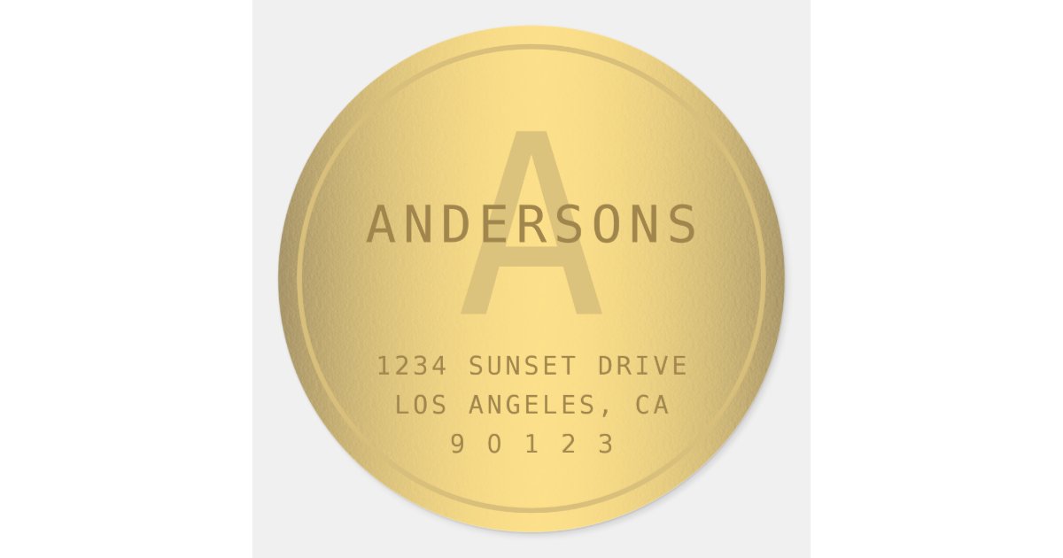 Faux Gold Surname Monogram & Return Address Classic Round Sticker | Zazzle