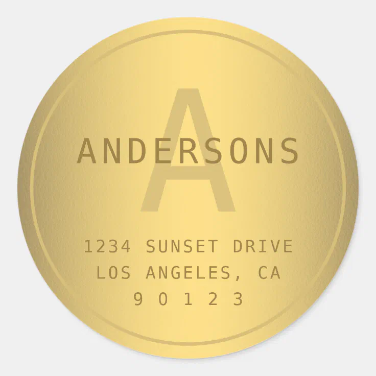 Faux Gold Surname Monogram & Return Address Classic Round Sticker | Zazzle
