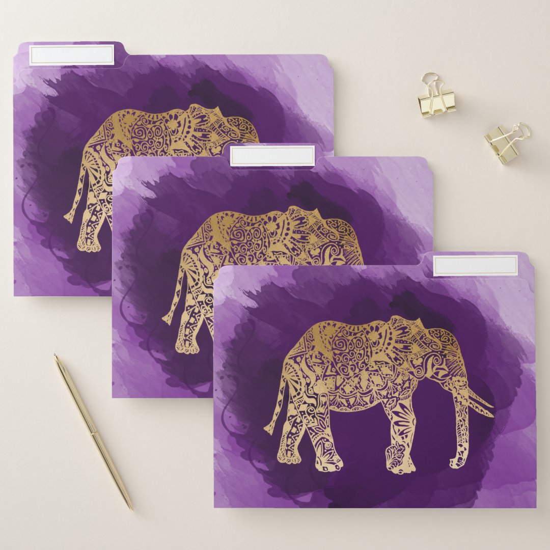 faux gold tribal elephant purple brushstroke file folder | Zazzle