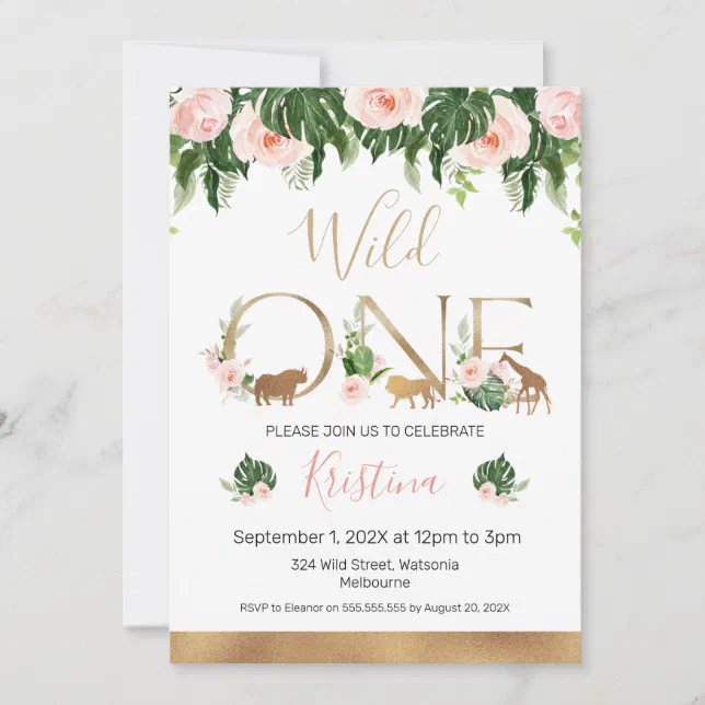 Faux Gold Wild One Floral Safari Birthday Invitation | Zazzle