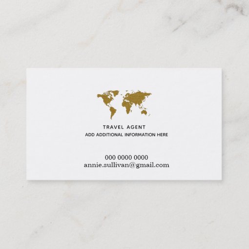 Faux Gold World Map Travel Agent (on white option) Business Card | Zazzle