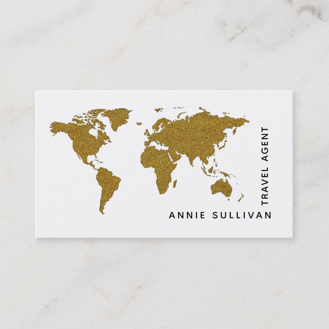 faux gold world map travel agent (on white option) business card | Zazzle