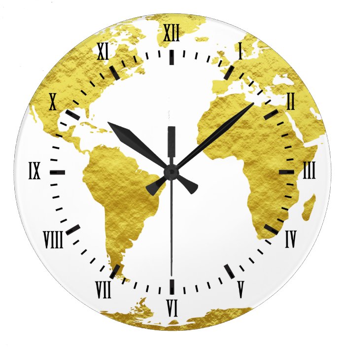 Faux Gold World Map Wooden Planks White Numerals Large Clock | Zazzle.com