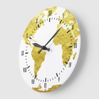 Faux Gold World Map Wooden Planks White Numerals Large Clock | Zazzle
