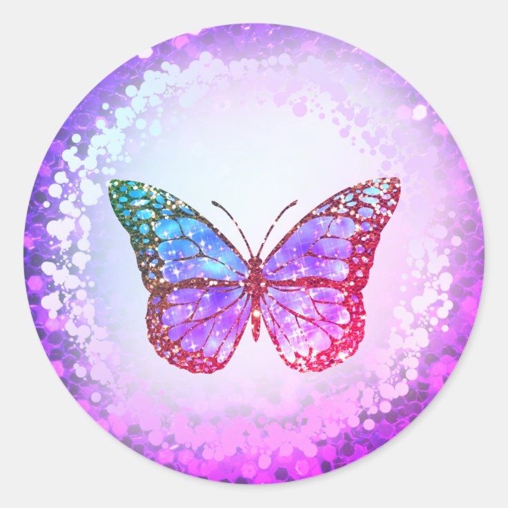 faux holographic purple butterfly logo classic round sticker | Zazzle