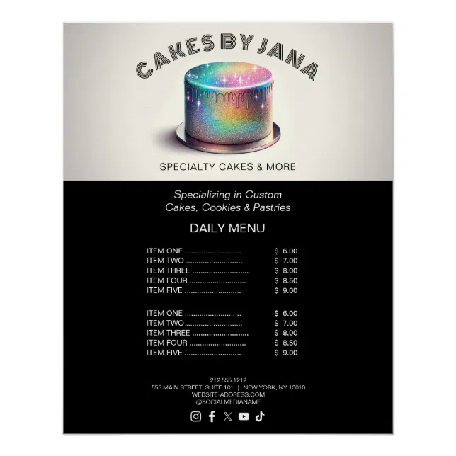 Faux Holographic Rainbow Glitter Cake Bakery Poster | Zazzle