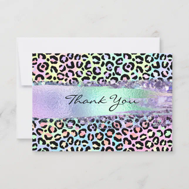 Faux Iridescent Foil Brush Stroke Rainbow Leopard Thank You Card | Zazzle