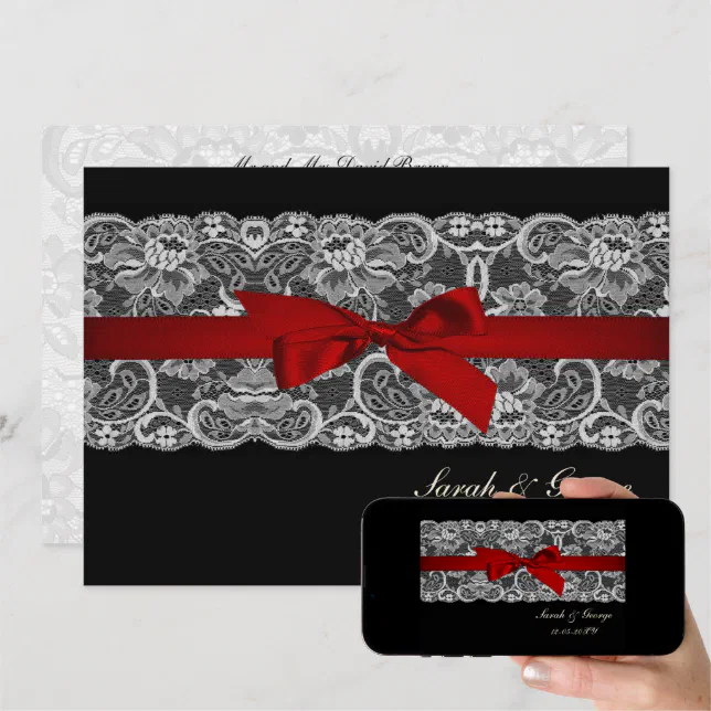 Faux lace and ribbon red black wedding invites | Zazzle