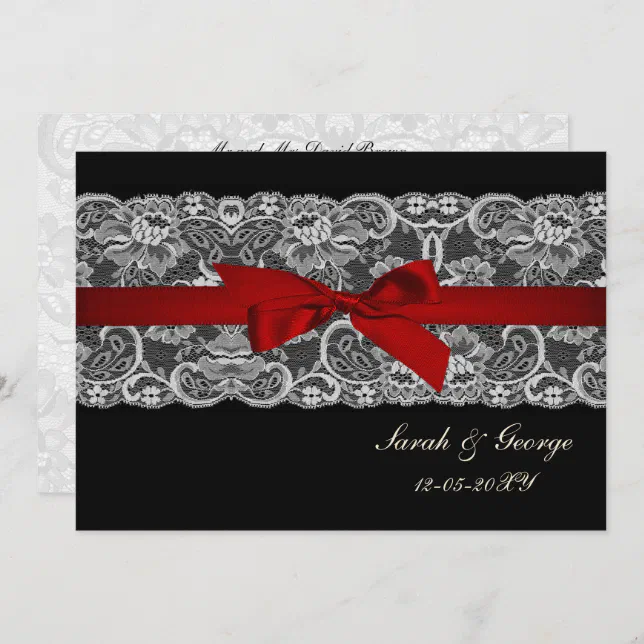 Faux lace and ribbon red black wedding invites | Zazzle