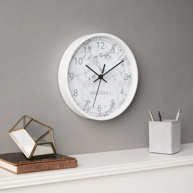 Faux Marble Look With Numbered Clock Face & Text | Zazzle
