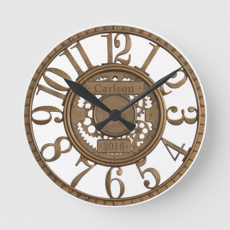 Faux metal open-gear custom design round clock | Zazzle