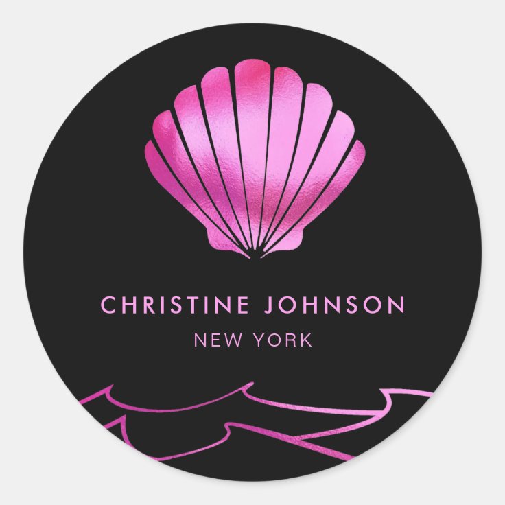 faux metallic effect neon pink seashell logo classic round sticker | Zazzle