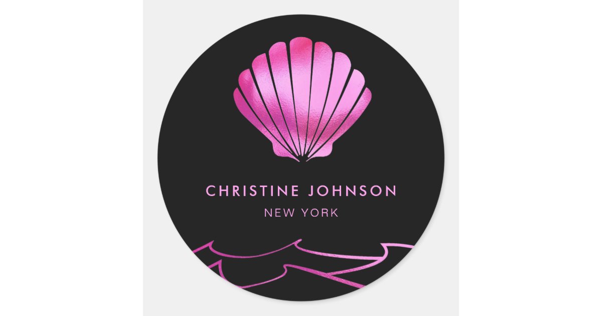 faux metallic effect neon pink seashell logo classic round sticker | Zazzle