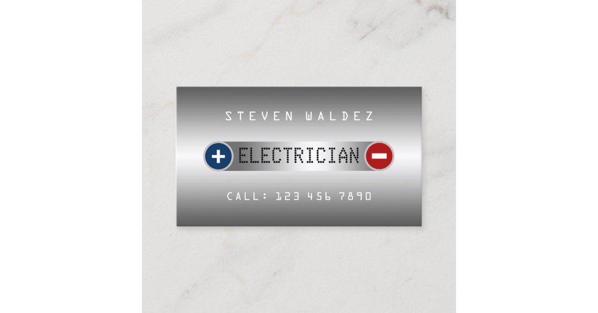Faux metallic texture plus and minus electrical business card | Zazzle