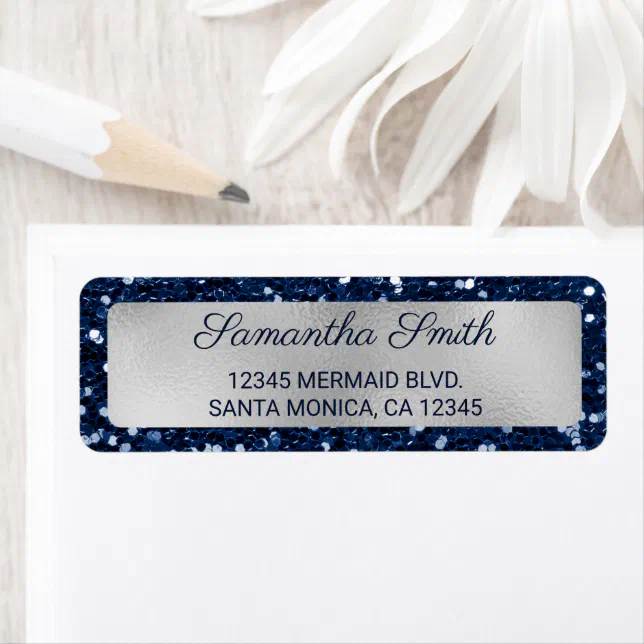 Faux Navy Blue Glitter and Silver Foil Label | Zazzle