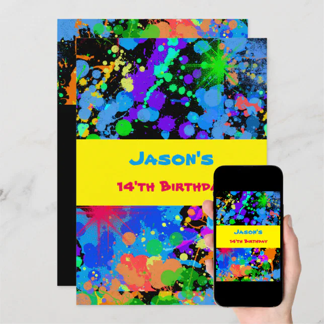 Faux Neon, Paint Splatter, Birthday Invitation | Zazzle