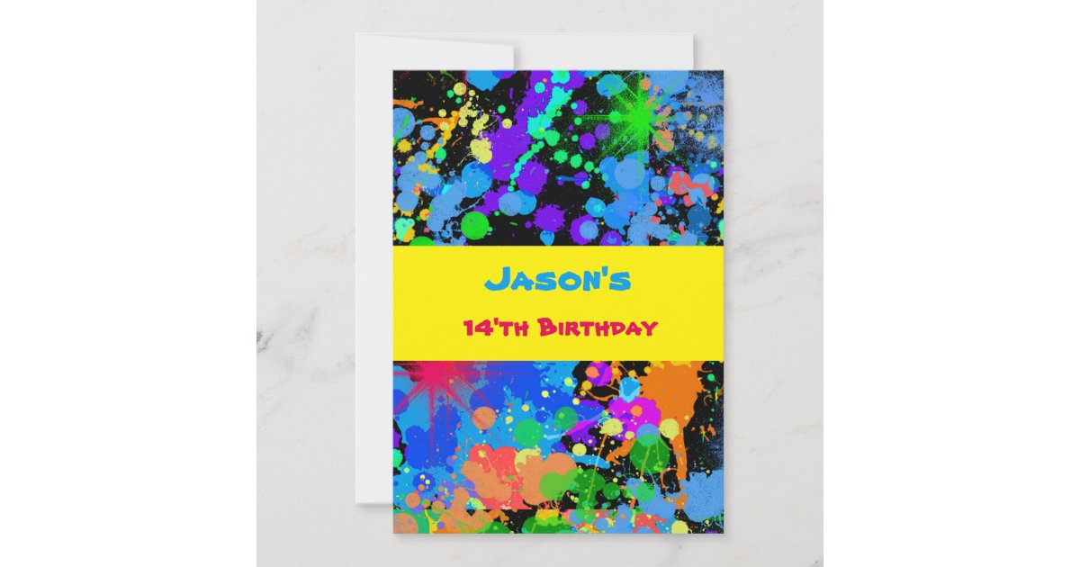 Faux Neon, Paint Splatter, Birthday Invitation | Zazzle