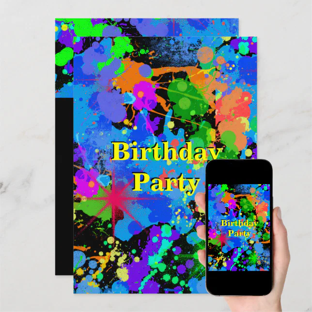 Faux Neon, Paint Splatter, Birthday Invitation | Zazzle