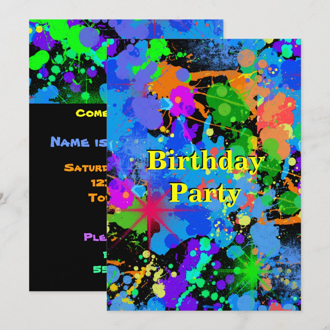 Faux Neon, Paint Splatter, Birthday Invitation | Zazzle