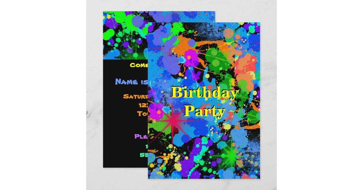 Faux Neon, Paint Splatter, Birthday Invitation | Zazzle