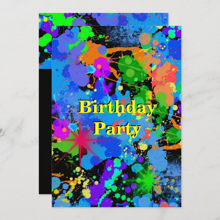 Faux Neon, Paint Splatter, Birthday Invitation | Zazzle