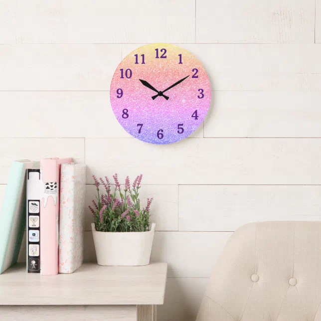 Faux Pastel Rainbow Gradient Glitter Large Clock | Zazzle